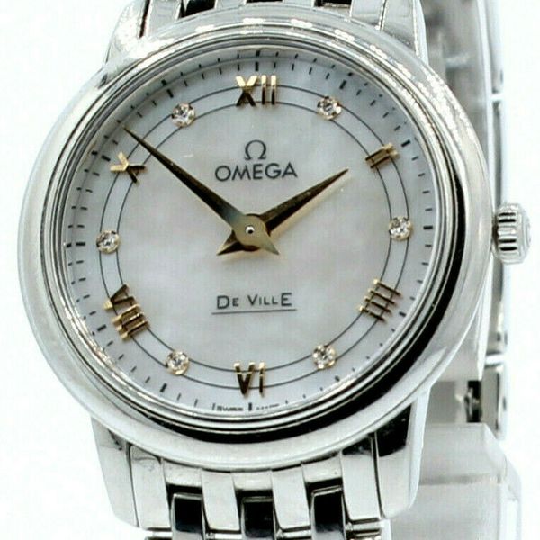 Omega DeVille Prestige White MOP Diamond Dial Roman Numbers Ladies ...