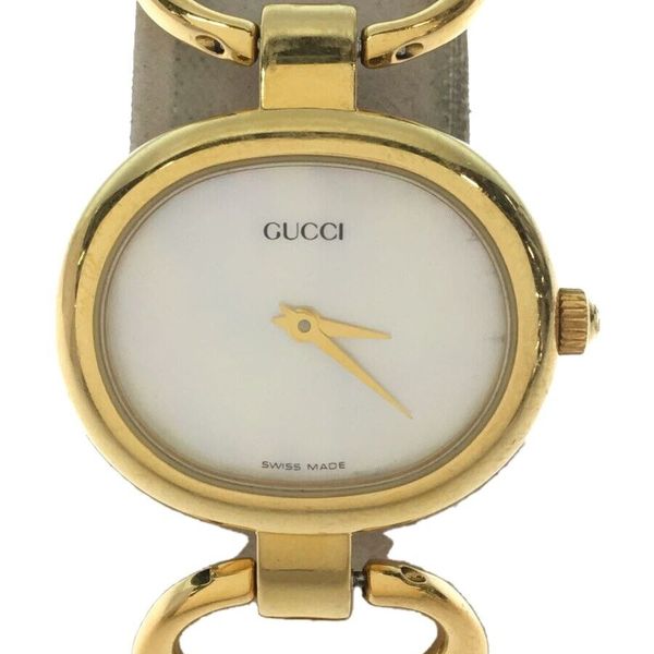 GUCCI 1600 Ladies analog 2 needles white shell dial gold watch Used ...