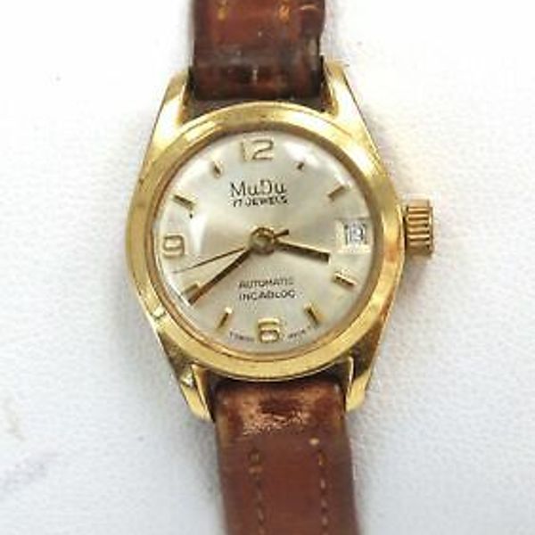 Vintage MuDu 17 Jewels Incabloc Ladies Gold Toned Automatic Wristwatch ...