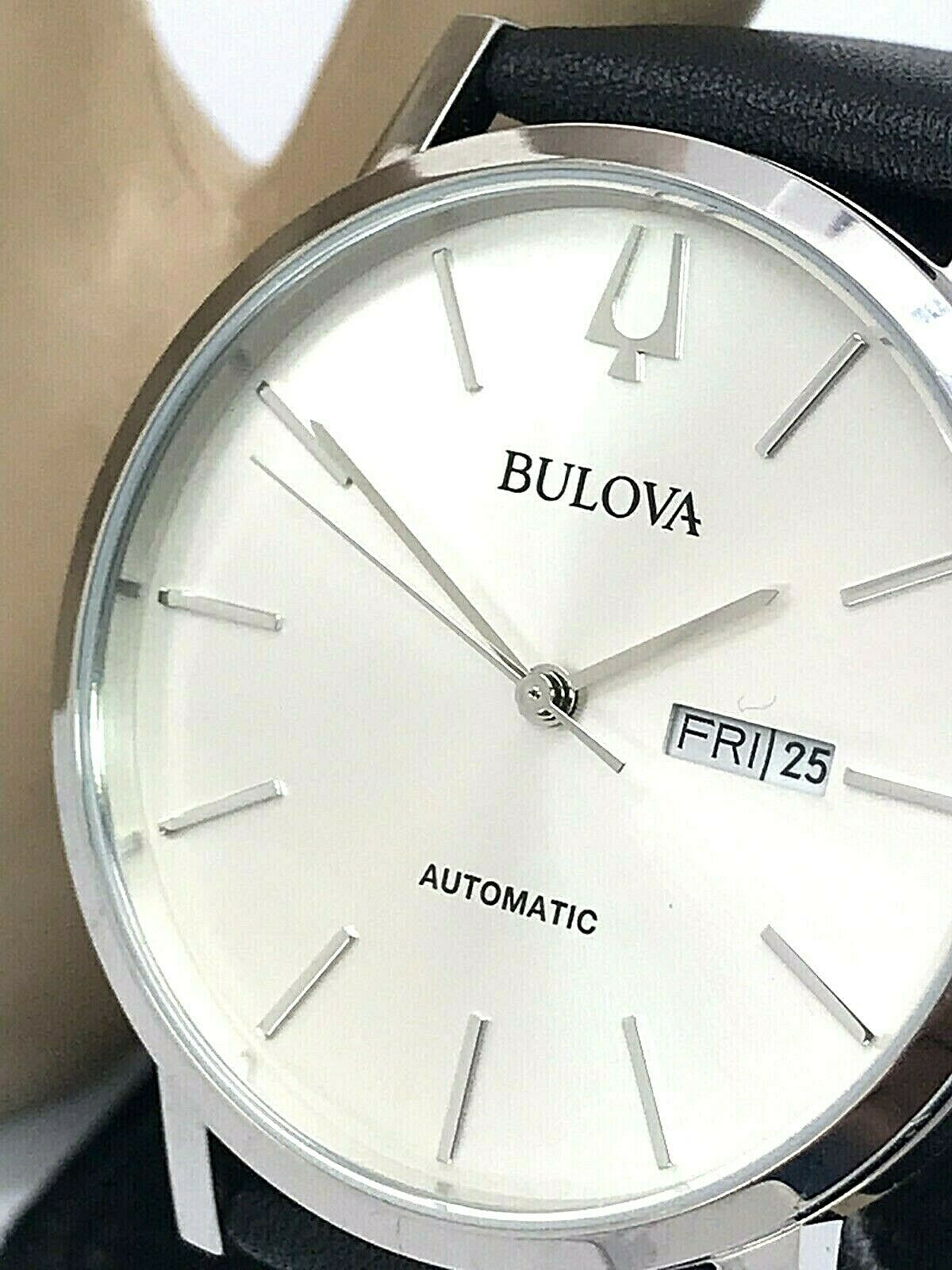 Bulova Men's Automatic Silver Dial Day Date Black Leather Strap Watch ...