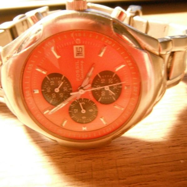 Fossil Silver Tone red Dial Speedway Chronometer New Battery with links ...