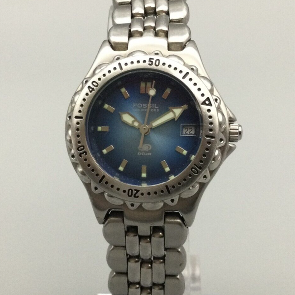 Fossil Blue Watch Women 28mm Silver Tone Date Blue Dial New Battery 7 ...