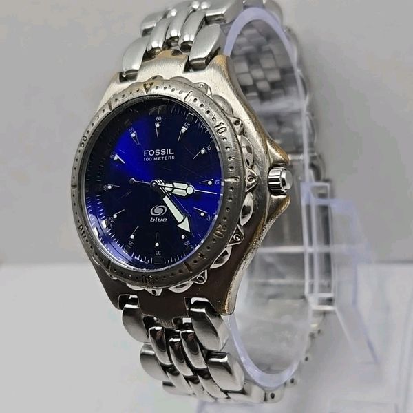 Mens Vintage Fossil Blue Dial AM-3067 Silver Tone Quartz Watch New ...