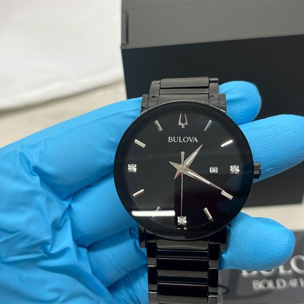 Bulova Mens Modern Black Stainless Steel 3-Hand Calendar Date Quartz ...