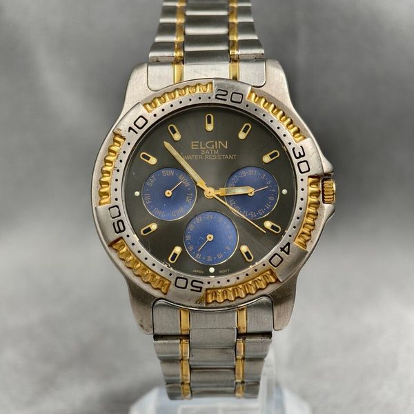 Vintage Elgin Mens Diver Style Day Date Six Hand Quartz Watch, Works ...
