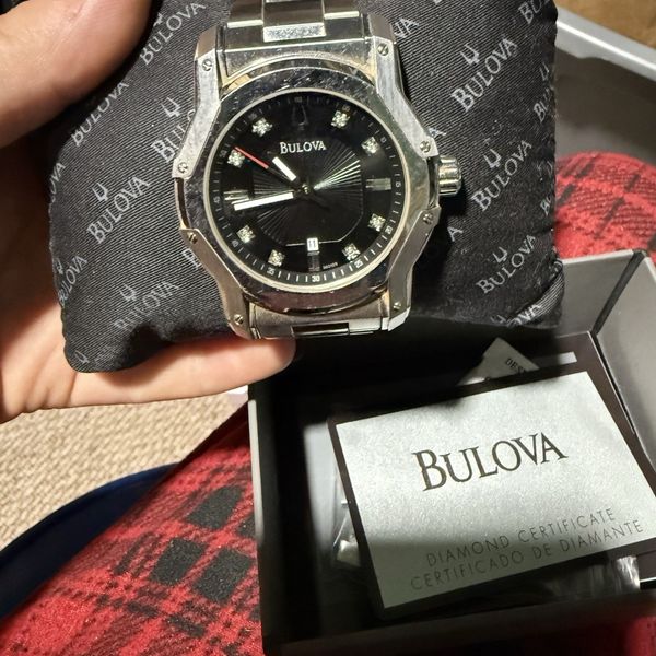 Men's Bulova 96D109 Stainless Steel Watch With Black Dial and Diamond ...