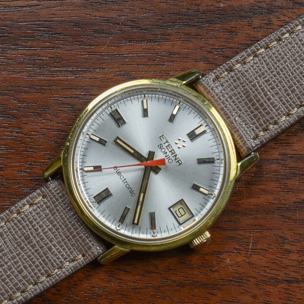 Vintage ETERNA SONIC Electronic Gold Plated Date Watch Saffiano Leather ...