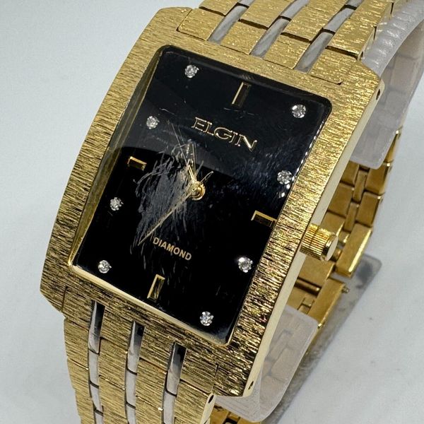 Vintage Elgin Quartz Watch Men Gold Tone Black Rectangle Diamonds New ...