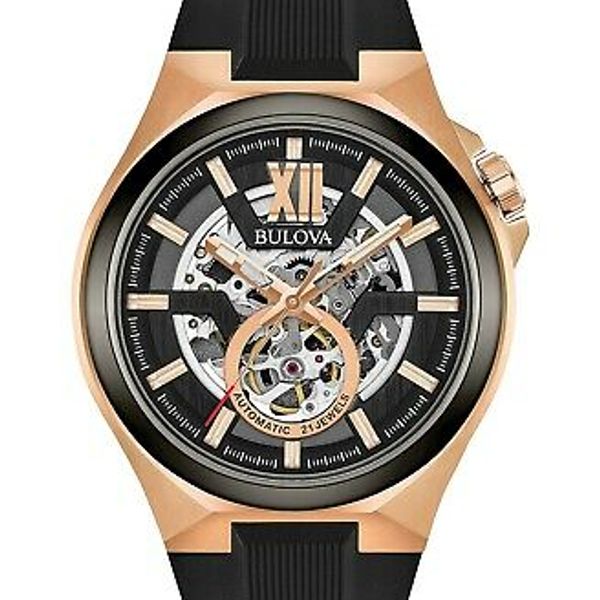 Bulova Automatic Skeleton Rose Gold Tone Black Silicone Strap Men's ...
