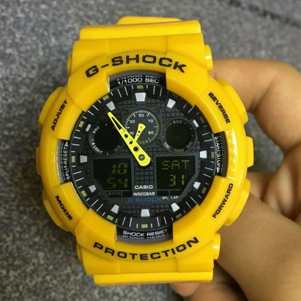 Casio G-Shock GA-100A-9A Ana-Digi Quartz Watch Yellow Resin Band LED ...