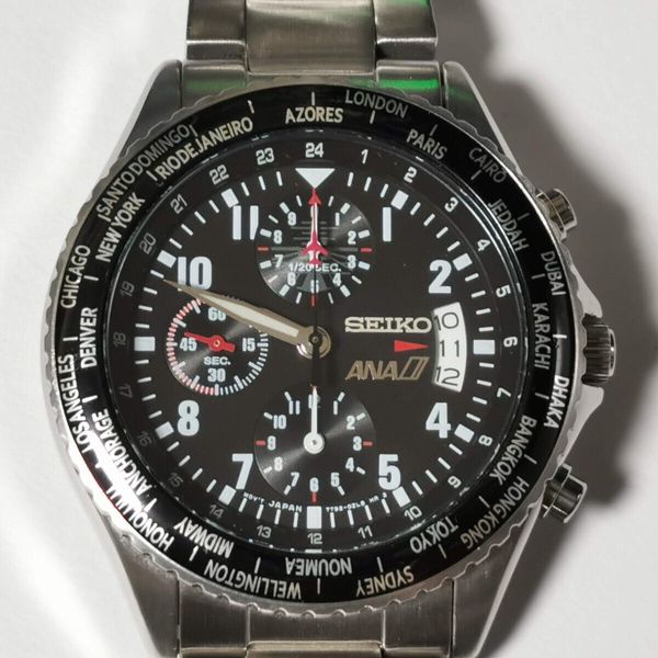 N Mint Seiko ANA 7T92-0ZL8 SZER047 World Time Chronograph Quartz Pilot ...