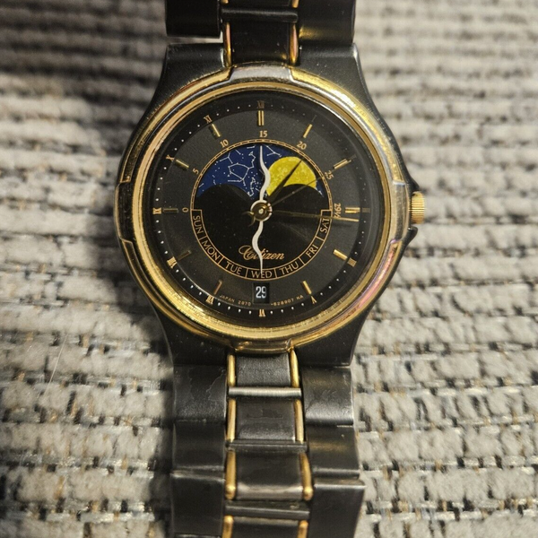 Rare Citizen Astro Fantasy Phase Moon Black and Gold Watch Mens 34mm ...