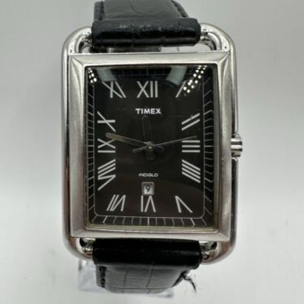 Timex Menâ s Silver Tank Watch Roman Black Face Leather Strap Indiglo ...