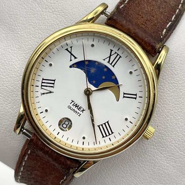 Vintage 1991 TIMEX Moon Phase Date Menâ s 34mm Quartz Watch Gold White ...