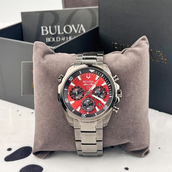 Bulova Marine Star 98B350 Chronograph Stainless Steel 43mm Red Dial Men ...