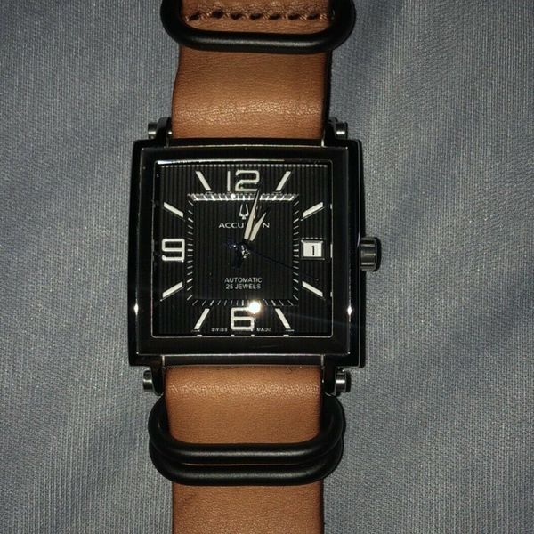 Square Bulova Accutron Black Dial Swiss Automatic Watch Brown Leather ...