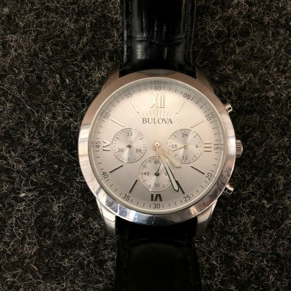 Bulova 96A162 Classic Silver Dial Chronograph Black Leather Strap Mens ...