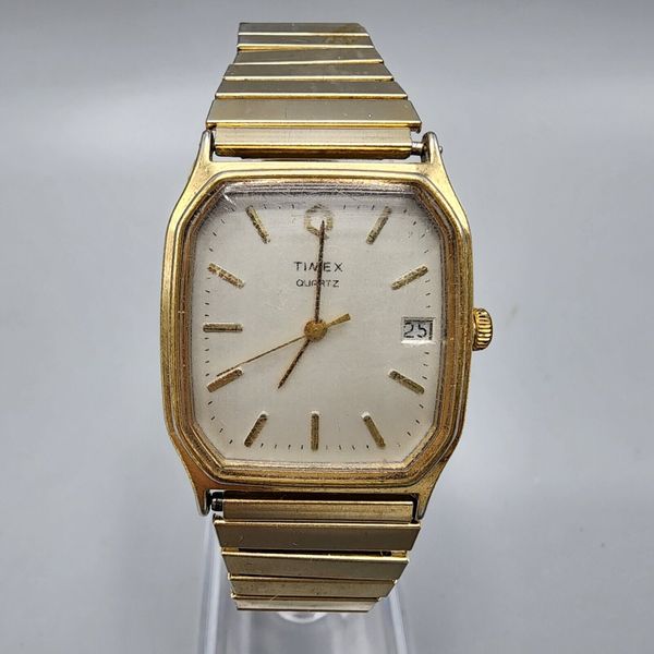 Vintage Timex Q Watch Men Gold Tone Date W-Cell Square Stretch Band New ...