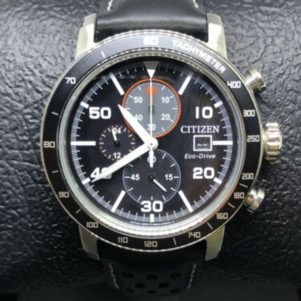 Mens Citizen Eco-Drive Black Leather Black Chronograph Watch CA0649-14E ...