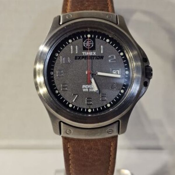 Timex Indiglo Expedition WR50M Mens Gray Dial Datejust Leather Quartz Watch. | WatchCharts ...