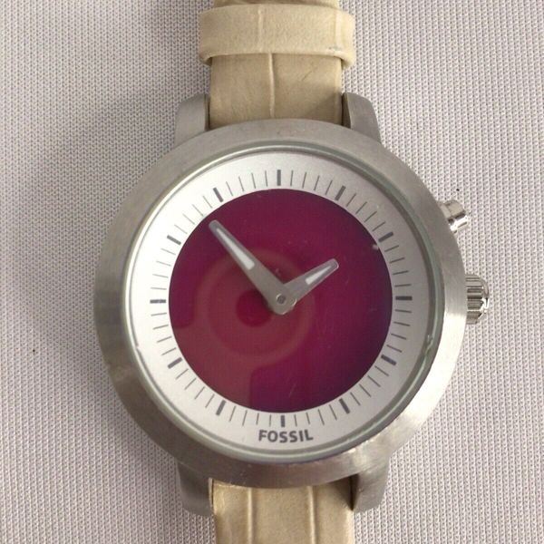 Fossil Big Tic Watch Stainless Steel Quartz Dial Red Flame Leather Band ...