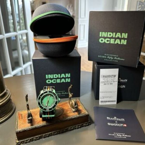 Swatch x Blancpain Fifty Fathoms Indian Ocean / Boxes & Papers- Green (SO35I100) | WatchCharts ...