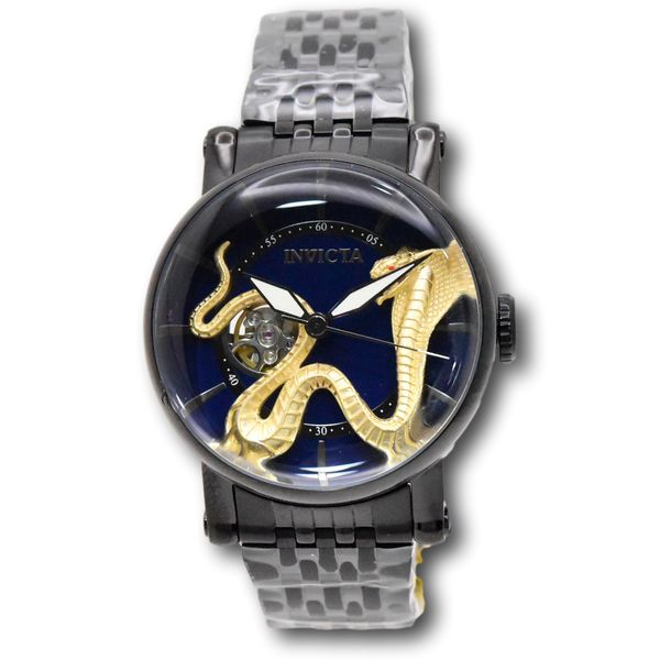 Invicta Vintage Gold Cobra Snake Automatic Mens 44mm Blue Dial Black ...