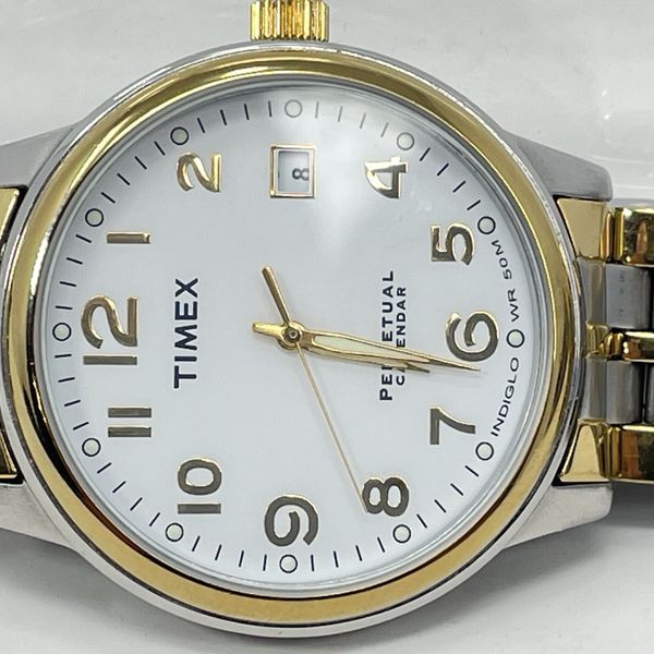 Mens TIMEX PERPETUAL CALENDAR Gold/Silver White Dial S STEEL Bracelet ...