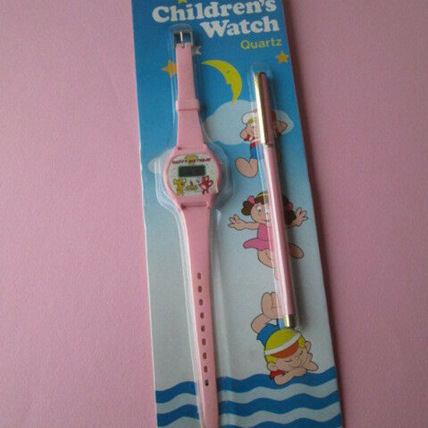 80'S CHILDREN'S WATCH KID'S WATCH SET WITH PEN HONG KONG VINTAGE PINK ...