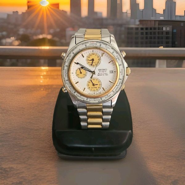 VINTAGE SEIKO QUARTZ WORLD TIMER SPORTS 150 WATCH, 5T52-6A50, RARE ...