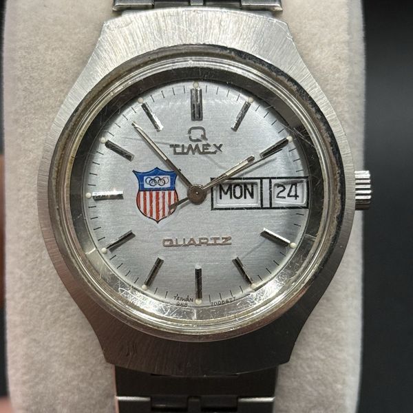 TIMEX Q Quartz Watch 1977 Olympics w/Day-Date & Box Vintage Not Running ...