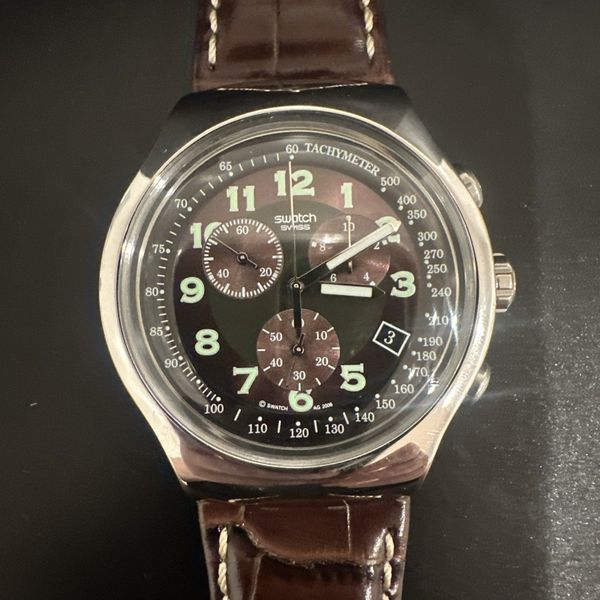 Swatch YOS413 Men's Your Turn Brown Dial Brown Leather Strap Chronograph Watch | WatchCharts ...