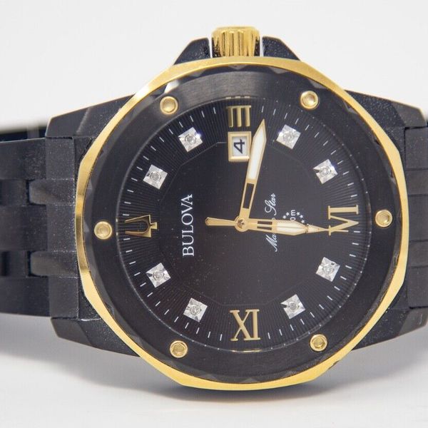 Bulova Mens Marine Star Quartz Calendar Black Stainless Steel Watch ...