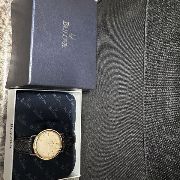 BULOVA ACCUTRON P2 QUARTZ WATCH GOLD FACE BLACK LEATHER BAND ...