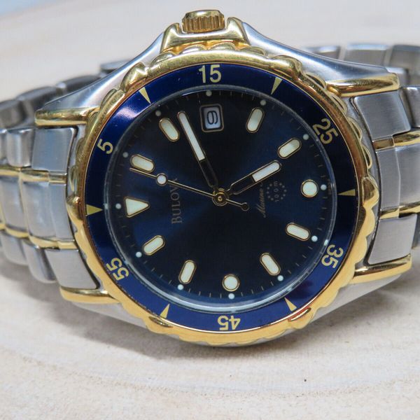 Mens Bulova Marine star date two tone blue dial bezel stainless watch ...