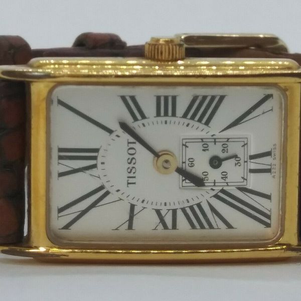 TISSOT AUTOMATIC LADIES WATCH GOLD LEATHER BAND SMALL TANK A-222 SWISS ...