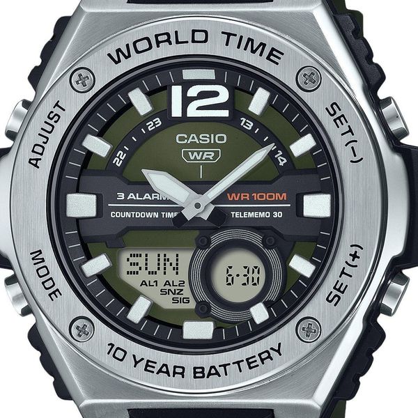 Casio Telememo Alarm Timer Calendar Green Dial Quartz MWQ100-3AV 100M ...