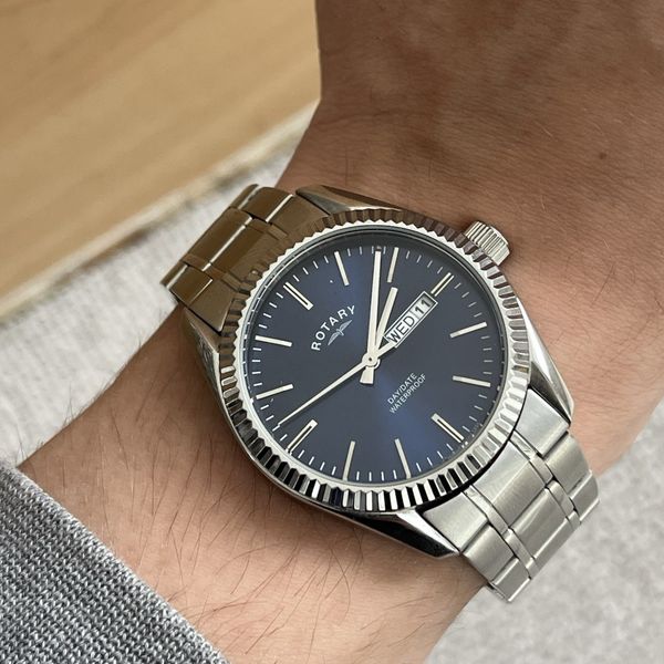 Rotary Fluted Bezel Mens - Gents Watch Day Date Gold Blue Dial Vintage ...
