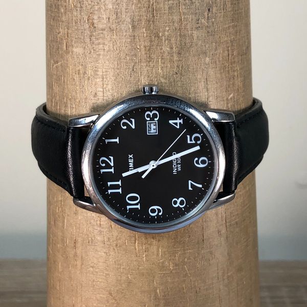 Timex Men Easy Reader Black Dial Date Leather Strap 35mm Quartz Watch 7 ...