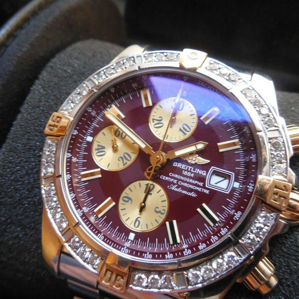 BREITLING CHRONOMAT EVOLUTION 18K GOLD STEEL 1.6 CT DIAMOND BEZEL RARE ...