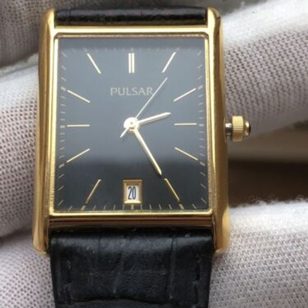 Vintage Pulsar by Seiko Watch Vx32-x343 Gold Rectangle Case Black Dial ...