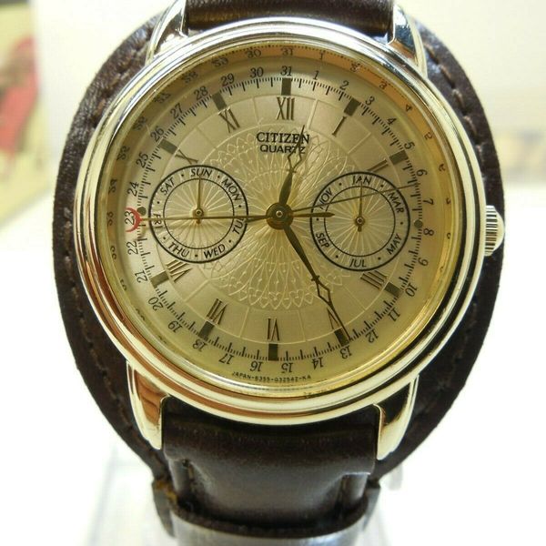 CLASSIC CITIZEN 6355-G31191 TRIPLE DATE DRESS WATCH+WOOD CASE+PAPERS ...