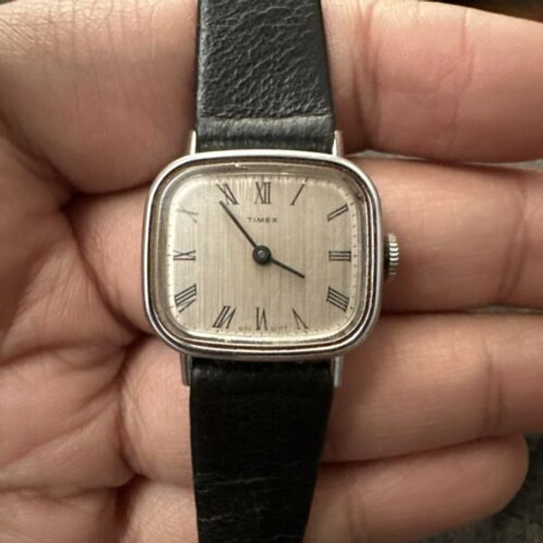 Working Vintage Timex Square Face Black Leather 1980s Manual Wind ...