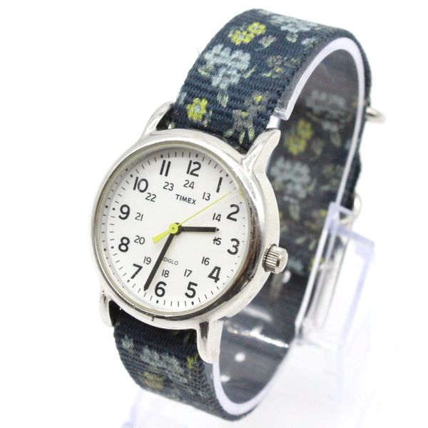 Timex Weekender Watch Women's Silver Tone Round Dial Blue Floral Band ...