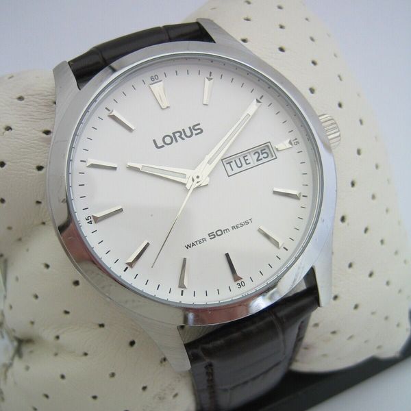 LORUS WATCH BY SEIKO MENS VX43-X097 STAINLESS STEEL LEATHER DAY DATE ...