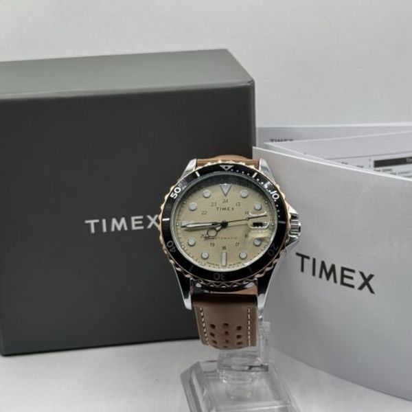 Timex Automatic Dive Style Watch Cream Dial Brown Leather Strap Steel ...