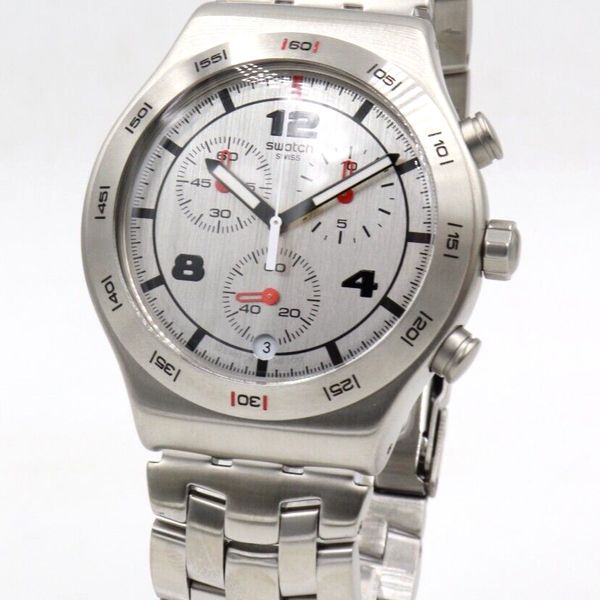 New Swiss Swatch Irony SILVER AGAIN Chronograph Date Steel Watch 44mm ...