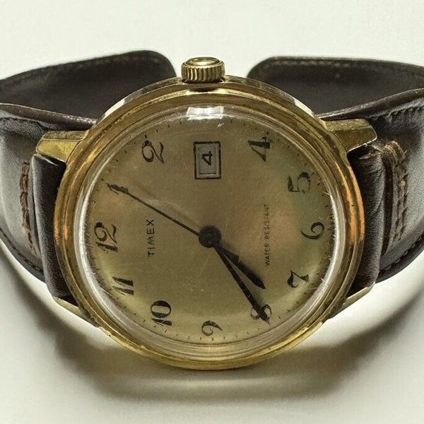Vintage 1970s Marlin Gold Tone Date Timex Leather Cuff Band Menâ s ...