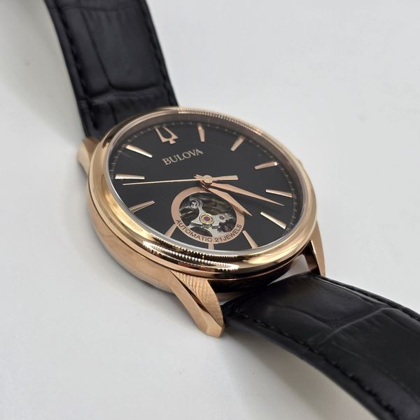 Bulova Men's Classic Automatic Rose Gold Case Black Leather Watch 41 MM ...