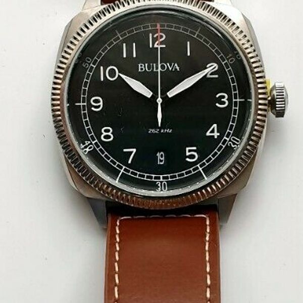 Bulova 96B230 Military UHF Watch, Steel, Black Dial, Arabic, Brown ...
